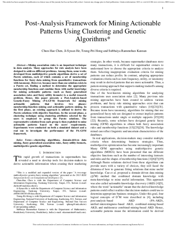Pdf Post Analysis Framework For Mining Actionable Patterns Using Clustering And Genetic