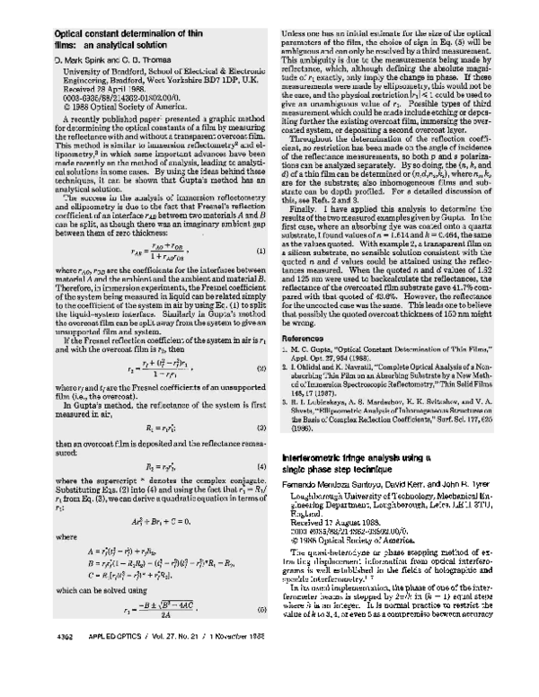 (PDF) Interferometric fringe analysis using a single phase step technique