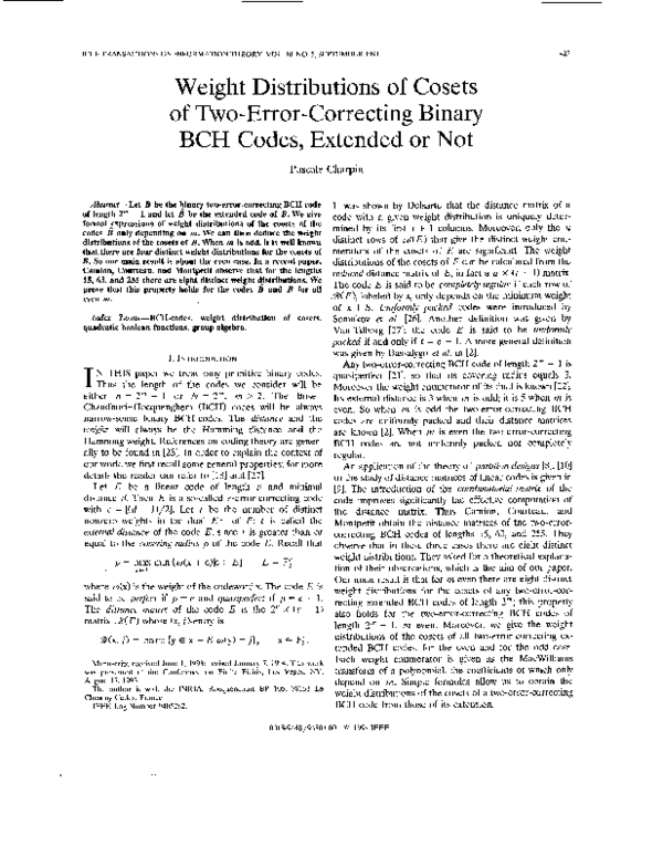 Pdf Weight Distributions Of Cosets Of Two Error Correcting Binary Bch Codes Extended Or Not