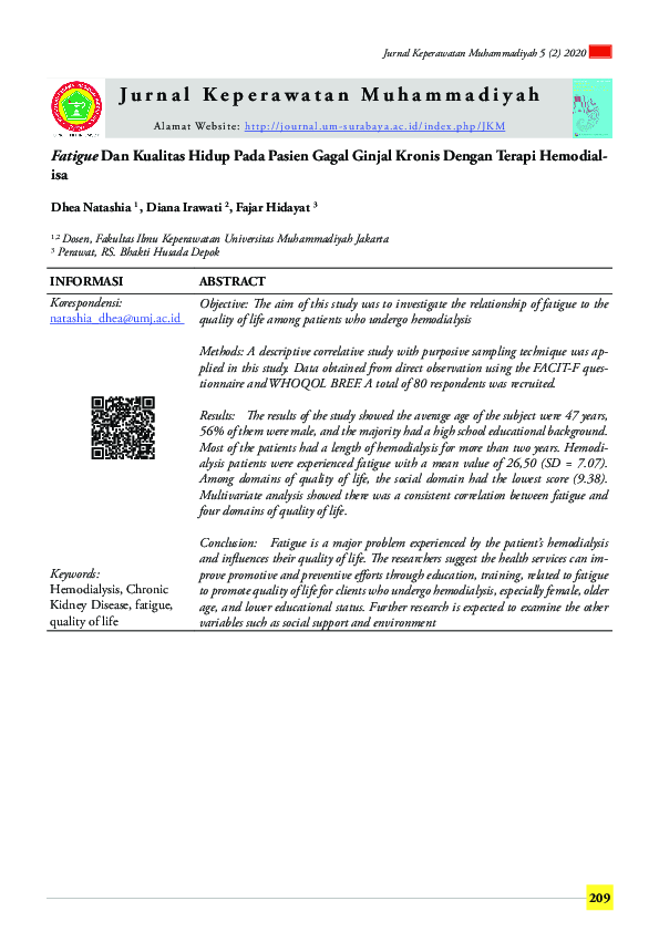 (PDF) Fatigue Dan Kualitas Hidup Pada Pasien Gagal Ginjal Kronis Dengan Terapi Hemodialisa
