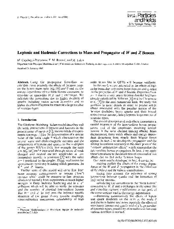 (PDF) Leptonic and hadronic corrections to mass and propagator ofW andZ ...