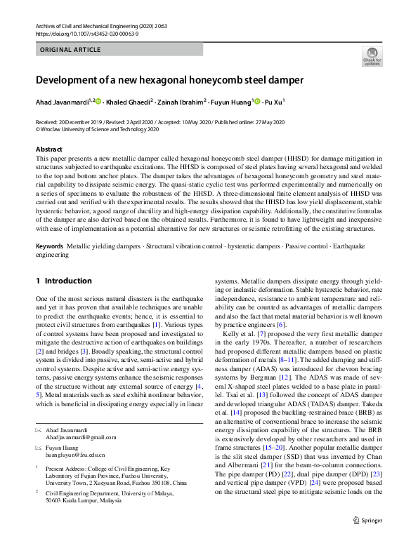 (PDF) Development of a new hexagonal honeycomb steel damper | Khaled ...