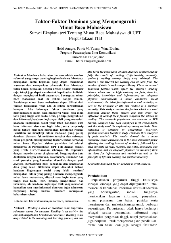 (PDF) Faktor-Faktor Dominan yang Mempengaruhi Minat Baca Mahasiswa Survei Eksplanatori Tentang ...