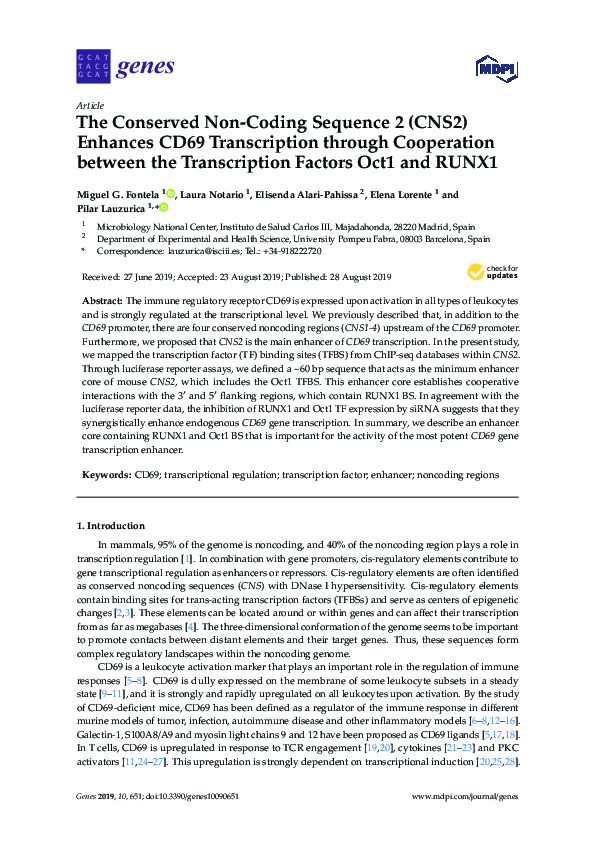 (PDF) The Conserved Non-Coding Sequence 2 (CNS2) Enhances CD69 Transcription through Cooperation ...