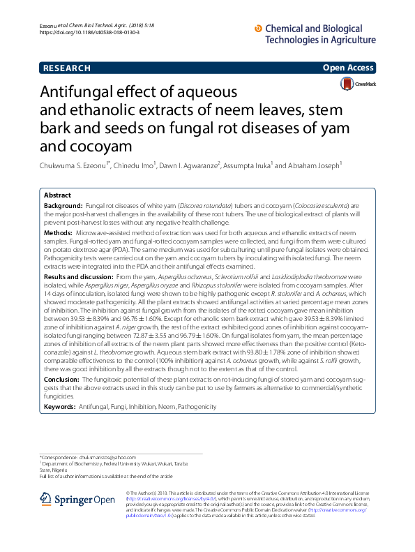 (PDF) Antifungal effect of aqueous and ethanolic extracts of neem leaves, stem bark and seeds on ...