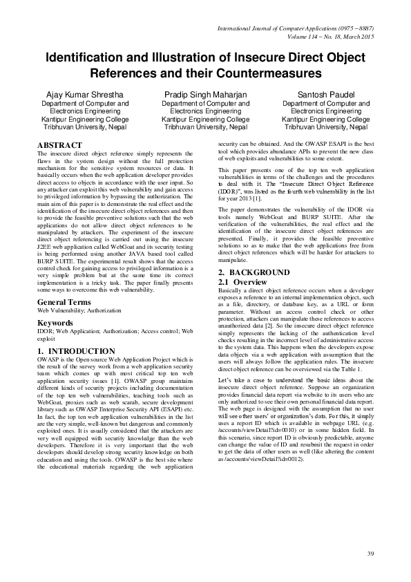 (PDF) Identification and Illustration of Insecure Direct Object ...