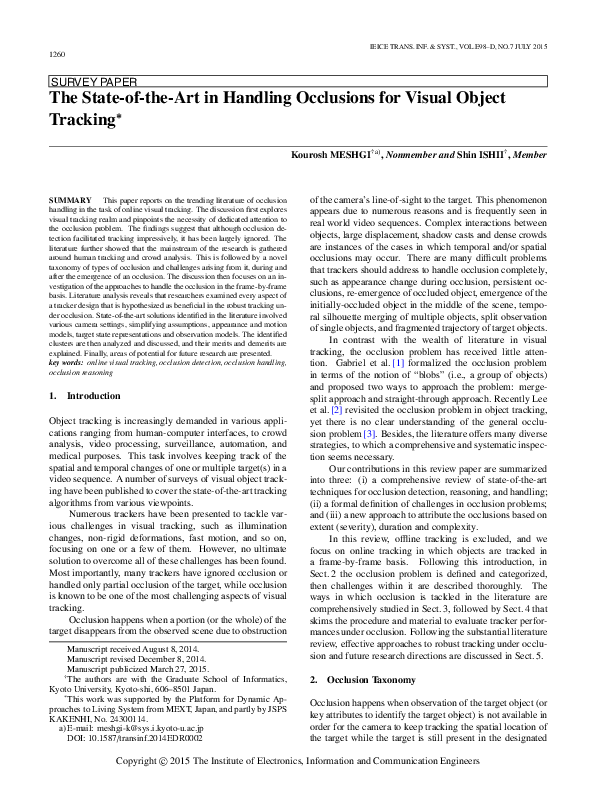 (PDF) The State-of-the-Art in Handling Occlusions for Visual Object Tracking