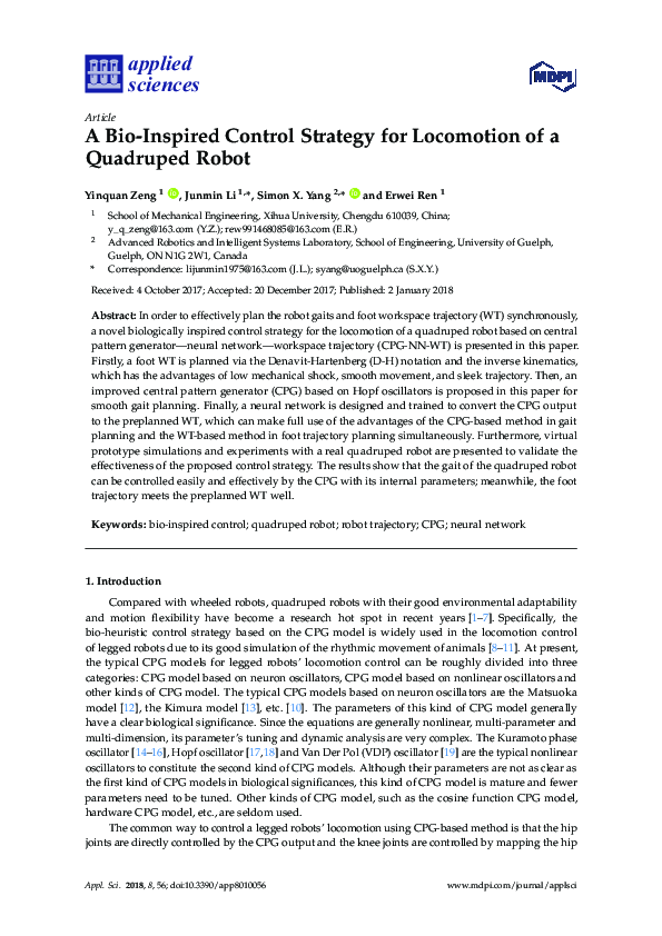 Pdf A Bio Inspired Control Strategy For Locomotion Of A Quadruped Robot Simon X Yang