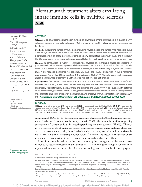 (PDF) Alemtuzumab treatment alters circulating innate immune cells in ...