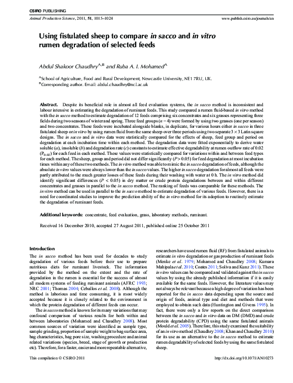 (PDF) Using fistulated sheep to compare in sacco and in vitro rumen ...