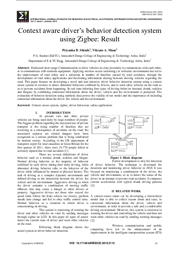 Pdf Context Aware Drivers Behavior Detection System Using Zigbee