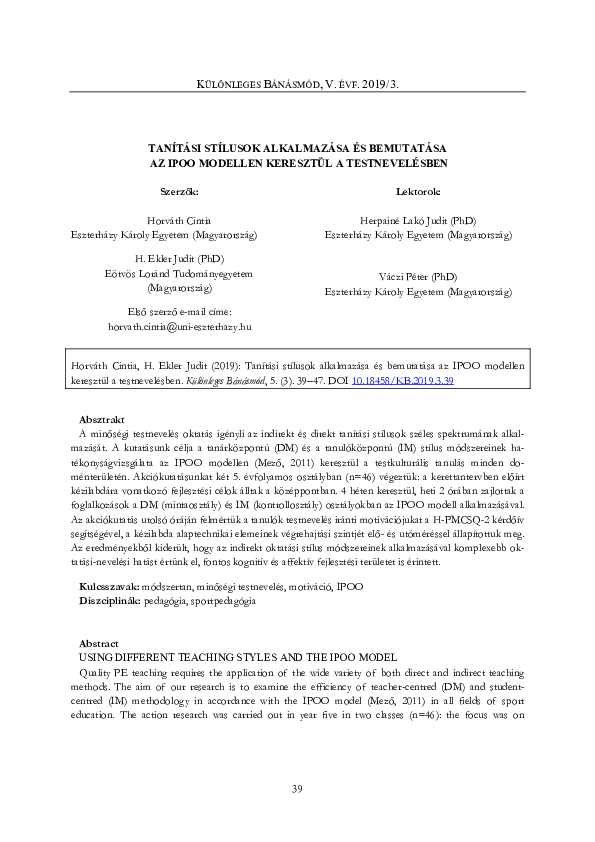 (PDF) Tanítási Stílusok Alkalmazása És Bemutatása Az Ipoo Modellen ...