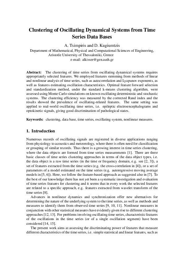 (PDF) Clustering of Oscillating Dynamical Systems from Time Series Data Bases