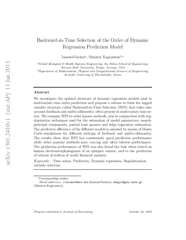 (PDF) Backward-in-Time Selection of the Order of Dynamic Regression Prediction Model