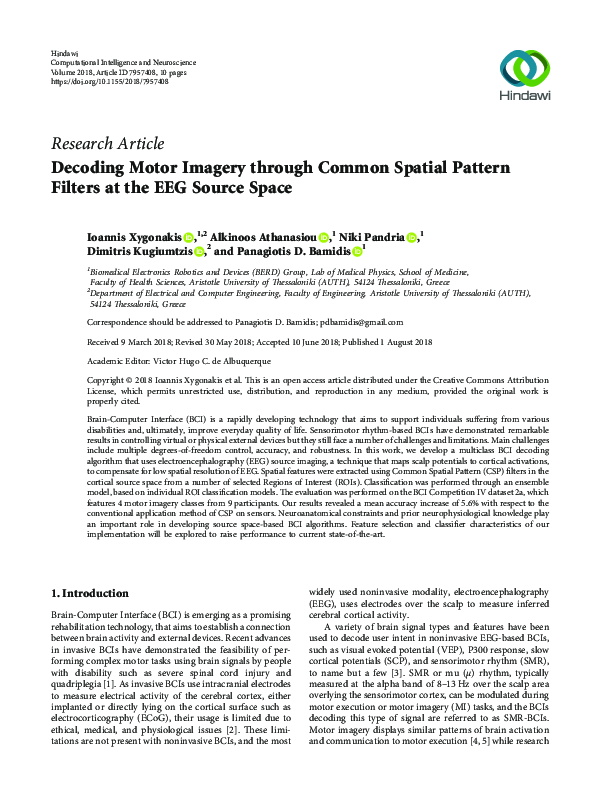 Pdf Decoding Motor Imagery Through Common Spatial Pattern Filters At The Eeg Source Space