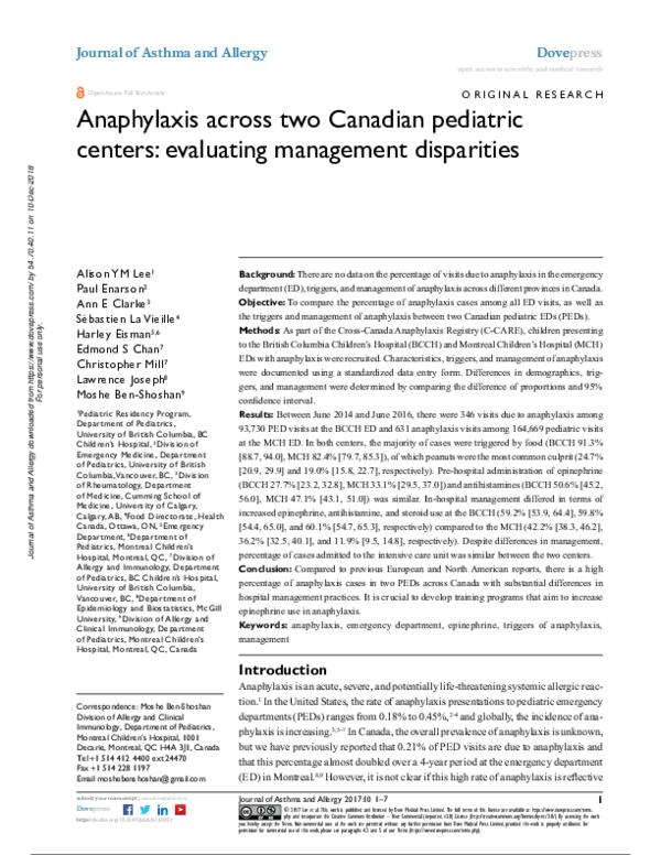 (PDF) Anaphylaxis across two Canadian pediatric centers: evaluating ...