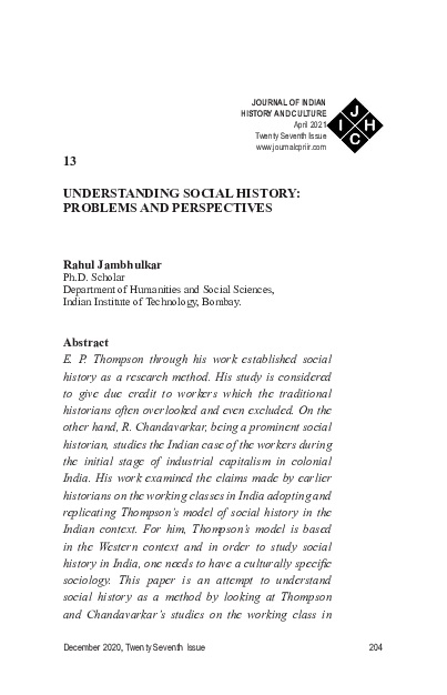 (PDF) UNDERSTANDING SOCIAL HISTORY: PROBLEMS AND PERSPECTIVES
