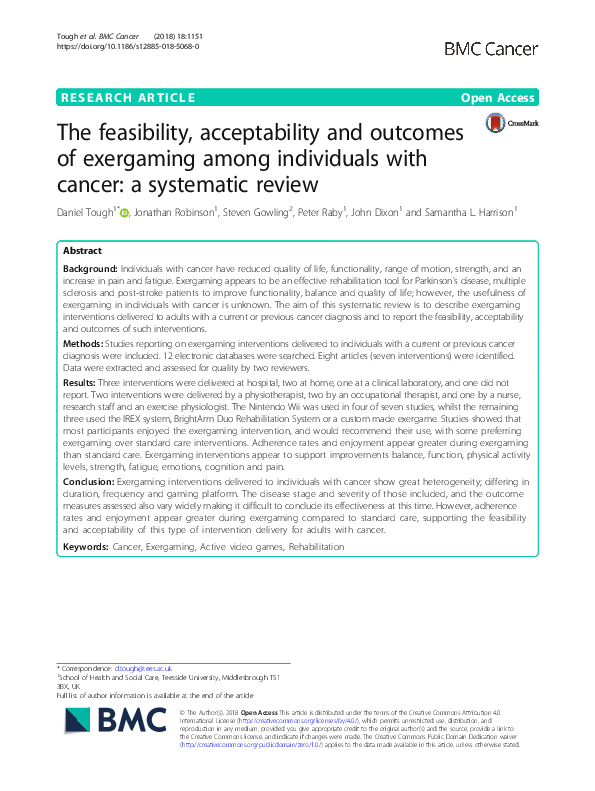 (PDF) The feasibility, acceptability and outcomes of exergaming among individuals with cancer: a ...