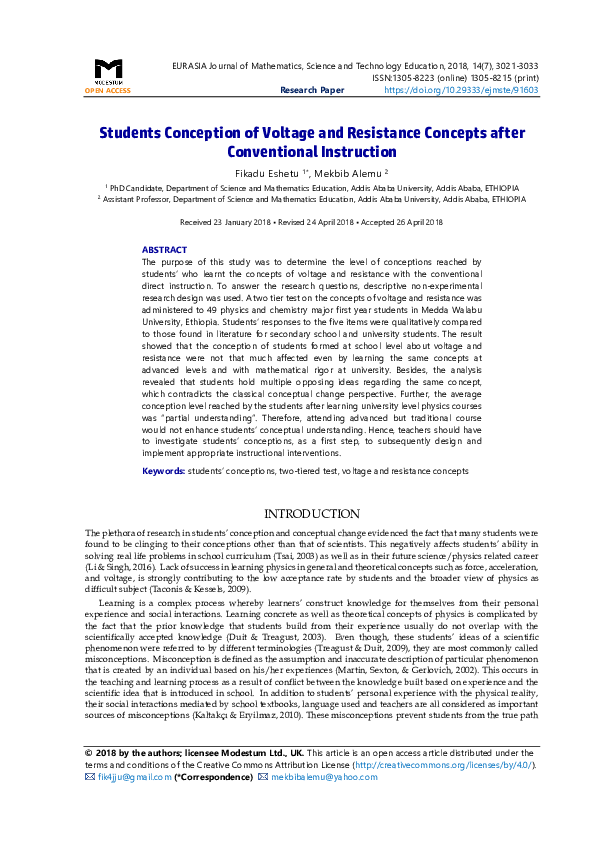 (PDF) Students Conception of Voltage and Resistance Concepts after ...