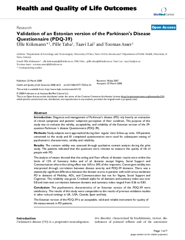 (PDF) Validation of an Estonian version of the Parkinson's Disease ...
