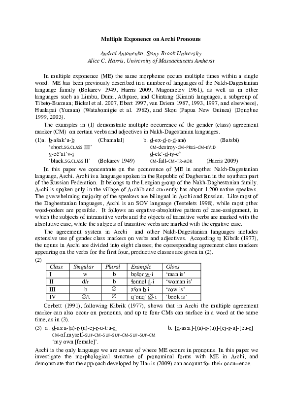 (PDF) Multiple Exponence in Nakh-Dagestanian Languages