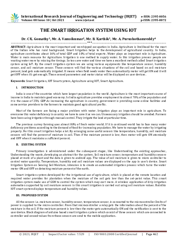 (PDF) IRJET- THE SMART IRRIGATION SYSTEM USING IOT