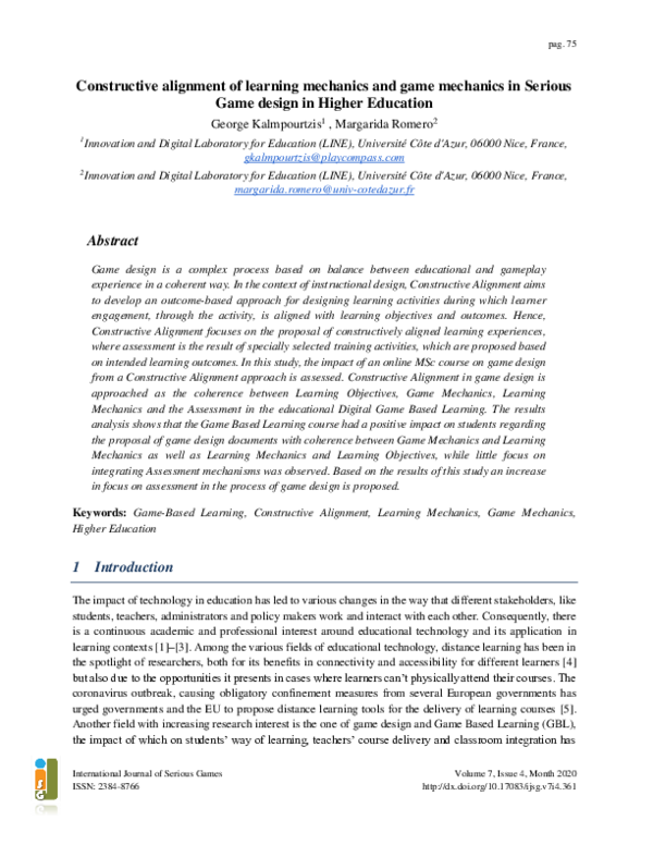 (PDF) Constructive alignment of learning mechanics and game mechanics in Serious Game design in ...