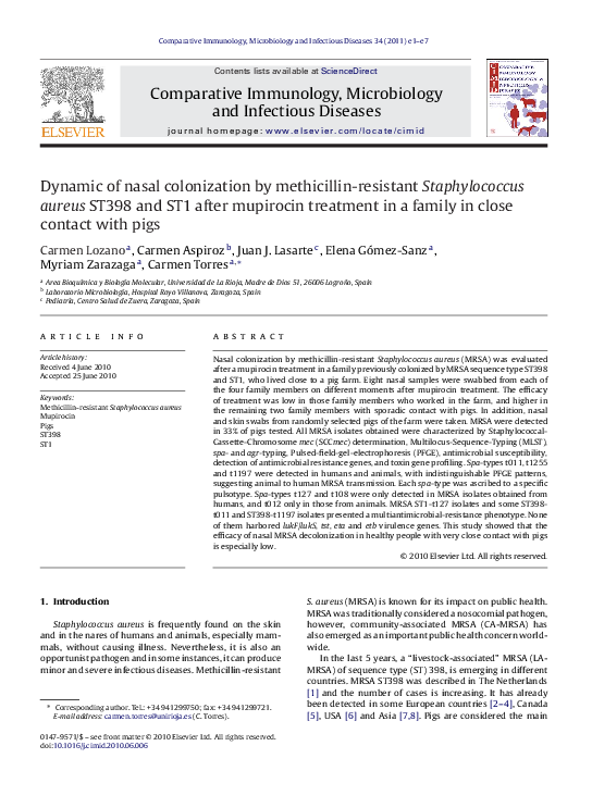 (PDF) Dynamic of nasal colonization by methicillin-resistant Staphylococcus aureus ST398 and ST1 ...