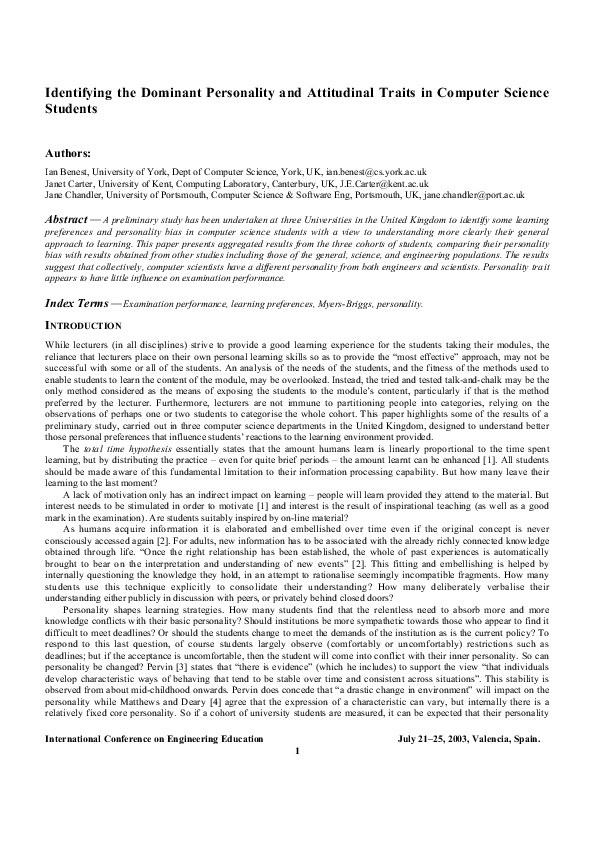 (PDF) Identifying the Dominant Personality and Attitudinal Traits in ...
