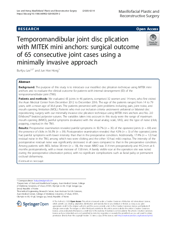 (PDF) Temporomandibular joint disc plication with MITEK mini anchors ...