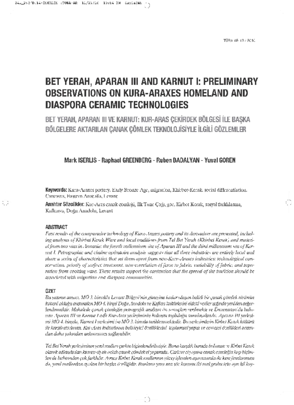 (PDF) Bet Yerah, Aparan III Ve Karnut: Kur-Aras Çeki̇rdek Bölgesi̇ İle ...