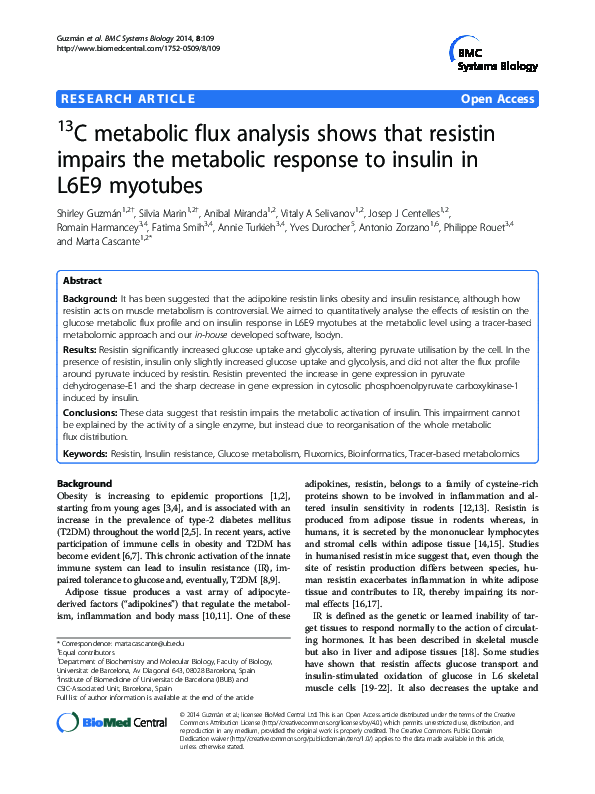(PDF) 13C metabolic flux analysis shows that resistin impairs the metabolic response to insulin ...