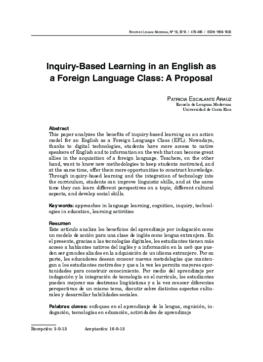 (PDF) Inquiry-Based Learning in an English as a Foreign Language Class ...