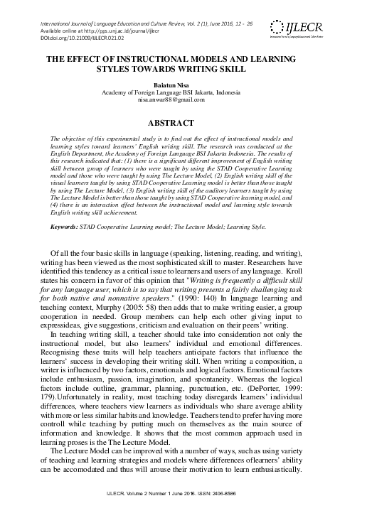 (PDF) The Effect of Instructional Models and Learning Styles Towards ...