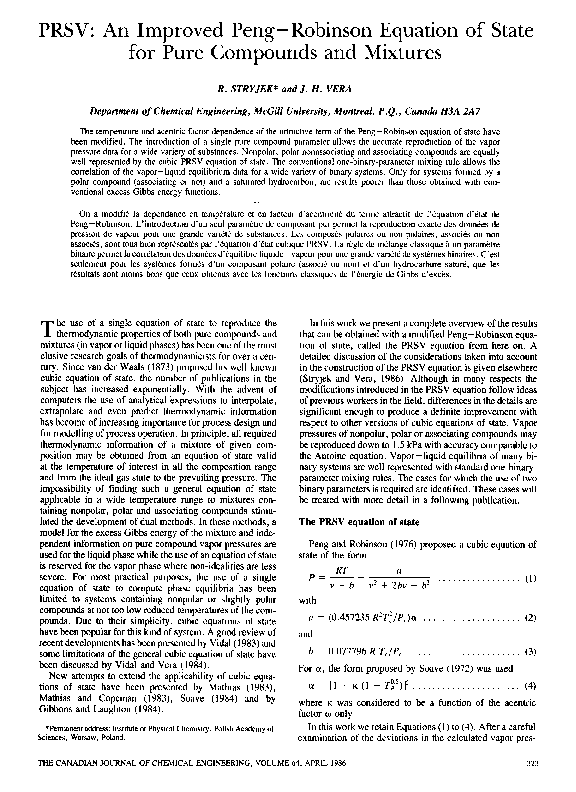 (PDF) PRSV: An improved peng-Robinson equation of state for pure compounds and mixtures