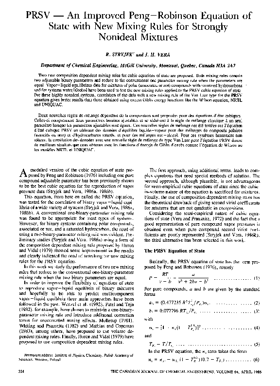 (PDF) PRSV - An improved peng-Robinson equation of state with new mixing rules for strongly ...