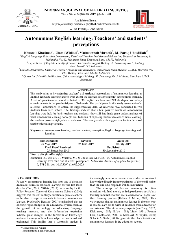(PDF) Autonomous English learning: Teachers’ and students’ perceptions