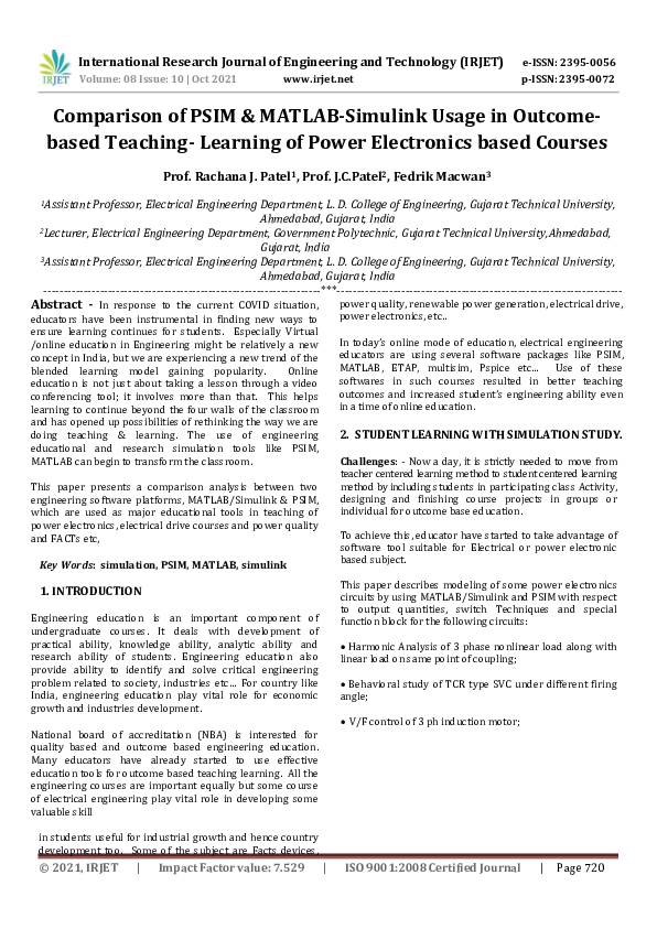 Pdf Irjet Comparison Of Psim And Matlab Simulink Usage In Outcomebased Teaching Learning Of