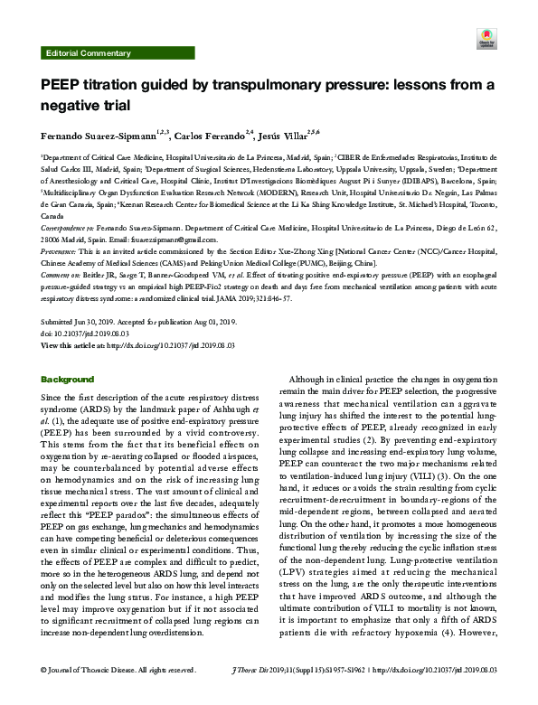 (PDF) PEEP titration guided by transpulmonary pressure: lessons from a ...
