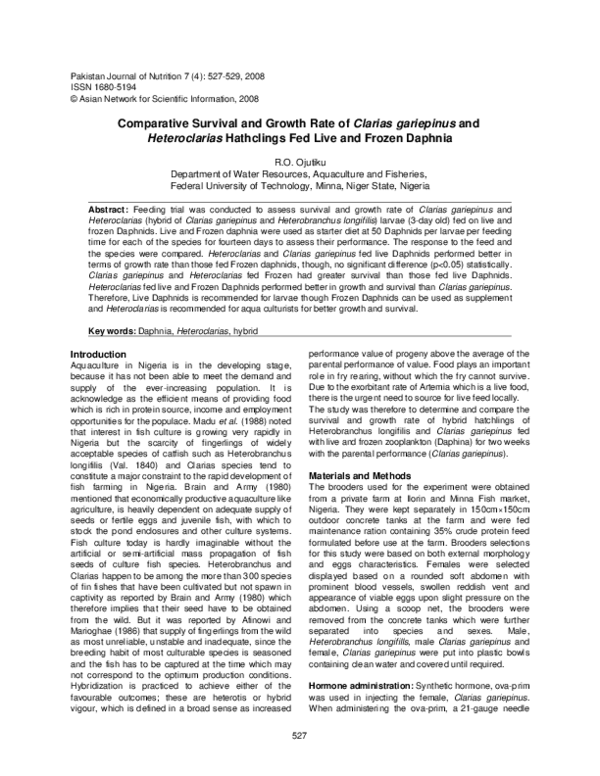 (PDF) Comparative Survival and Growth Rate of Clarias gariepinus and ...