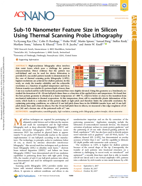 Pdf Sub 10 Nanometer Feature Size In Silicon Using Thermal Scanning Probe Lithography