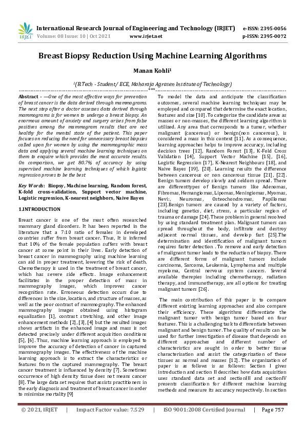 (PDF) IRJET- Breast Biopsy Reduction Using Machine Learning Algorithms
