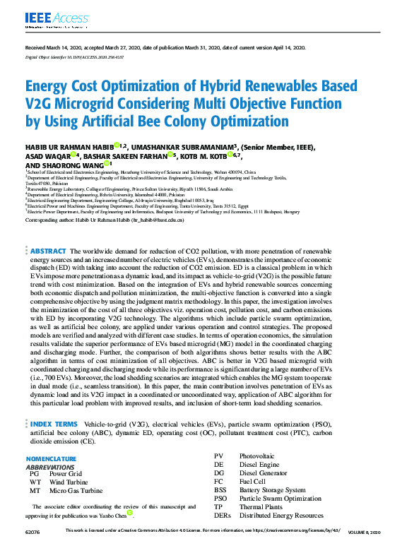 Pdf Energy Cost Optimization Of Hybrid Renewables Based V2g Microgrid Considering Multi