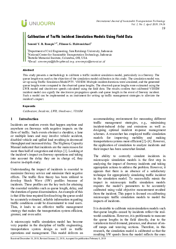 Pdf Calibration Of Traffic Incident Simulation Models Using Field Data