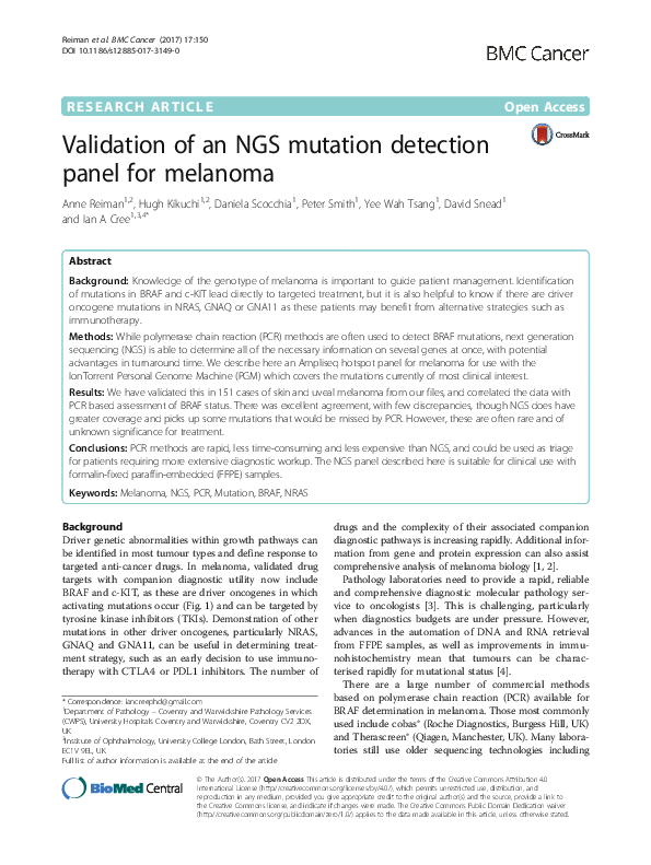 (PDF) Validation of an NGS mutation detection panel for melanoma