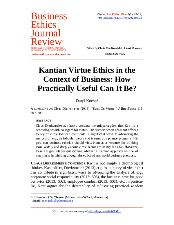 (PDF) Kantian Virtue Ethics in the Context of Business: How Practically ...