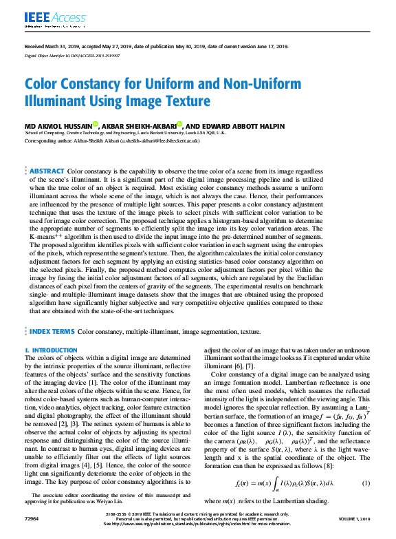 (PDF) Color Constancy for Uniform and Non-Uniform Illuminant Using Image Texture
