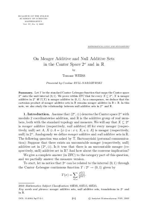 (PDF) On Meager Additive and Null Additive Sets in the Cantor Space 2ω and in R