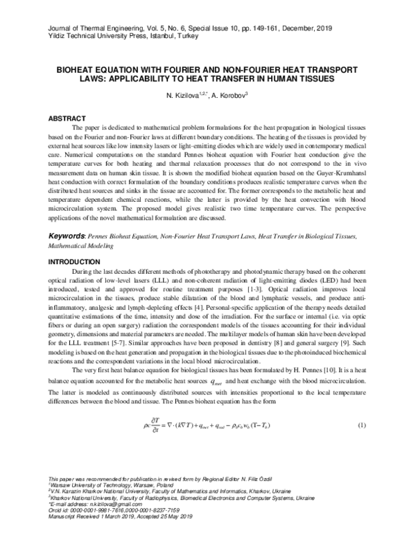 (PDF) Bioheat Equation with Fourier and Non-Fourier Heat Transport Laws ...