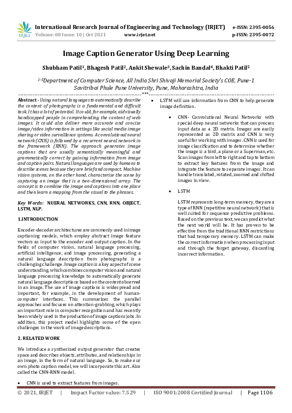 (PDF) IRJET- Image Caption Generator Using Deep Learning
